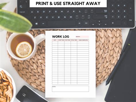 work log printable time spent tracker time log working hours work
