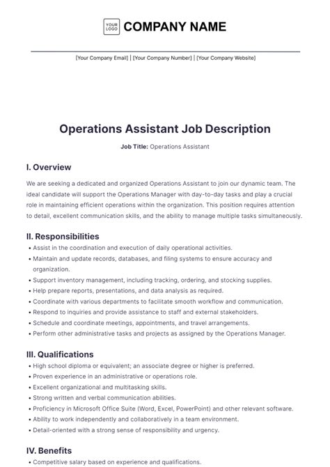Free Operations Assistant Job Description Template To Edit Online