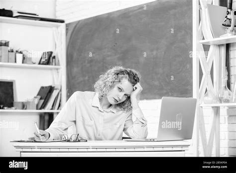 Exhausting Lesson Woman Tired In School Classroom Teacher Exhausted