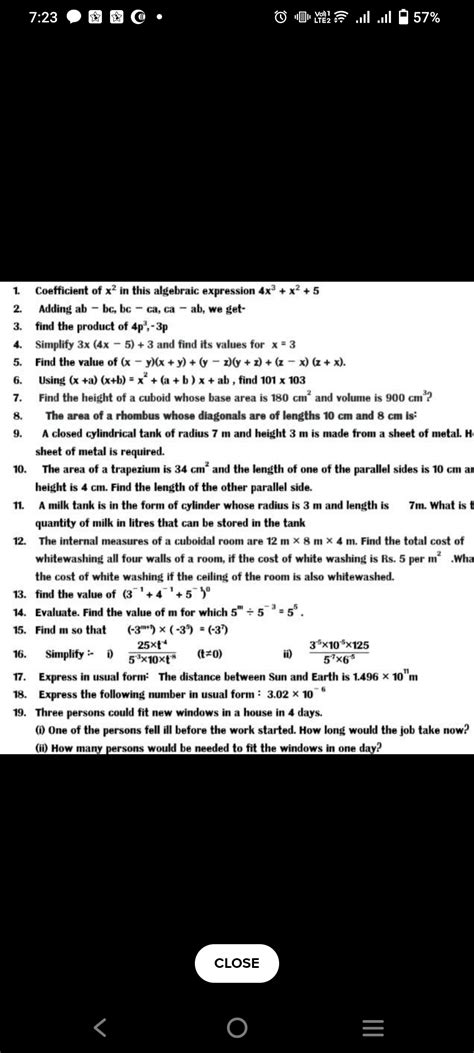 7 23 57 Coefficient Of X { 2 } In This Algebraic Expression 4 X