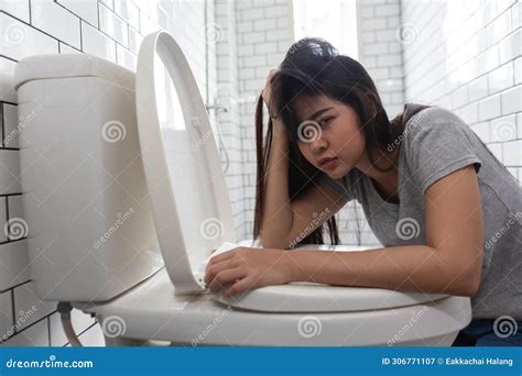Woman Looking At Camera Drunk Hangover Puke In Toilet Bowl Female Have