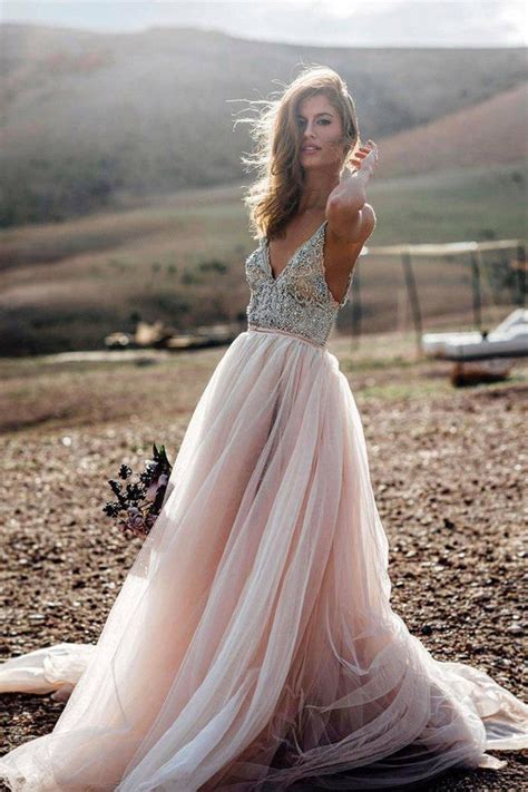 Pink A Line V Neck Beading Beach Wedding Dress Tulle Long Prom Dress