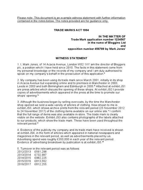 Example Witness Statement Pdf Trademark Witness
