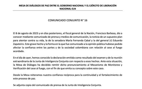 Mesa De Diálogos Se Pronunció Sobre Presunto Plan Del Eln Para Atentar