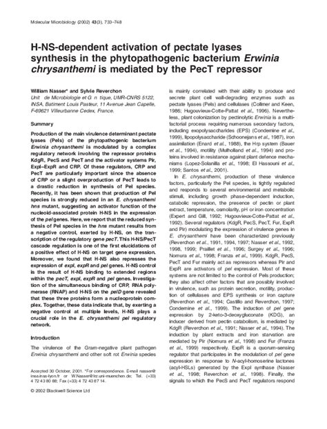 Pdf H Ns Dependent Activation Of Pectate Lyases Synthesis In The