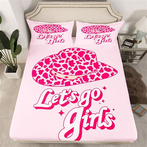 Western Cowgirl Hat Fitted Sheet Howdy Hot Pink Preppy Decor Bed Sheets For Girls Room College
