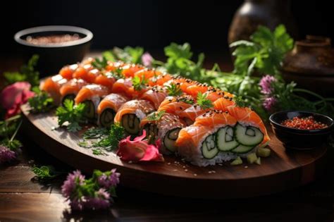 Premium Ai Image Sushi Varied In A Rustic Wooden Board With Freshly