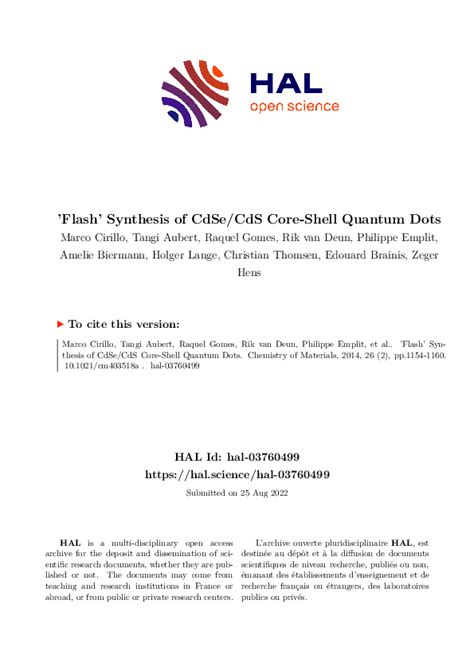 Pdf “flash” Synthesis Of Cdse Cds Core Shell Quantum Dots Raquel Gomes