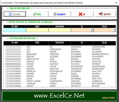 excel sayfasına userform ile kayıt ekle değiştir sil Örneği excel sitesi