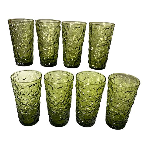 1970s Anchor Hocking Lido Crinkle Glass Tumblers In Avocado Set Of 8