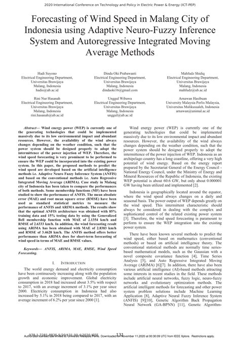 Pdf Forecasting Of Wind Speed In Malang City Of Indonesia Using Adaptive Neuro Fuzzy Inference