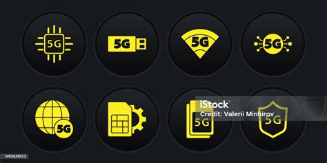 5g 네트워크 Sim 카드 설정 카드 모뎀 보호 방패 및 프로세서 아이콘을 설정합니다 벡터 5g에 대한 스톡 벡터 아트 및 기타