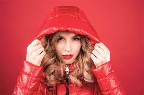 Fashion Model In Red Jacket And Hood Elegant Woman Wearing Fashion