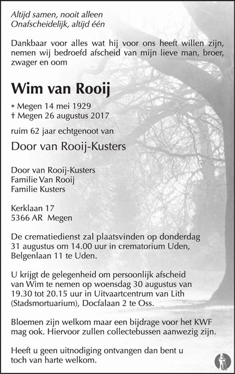 Wim Van Rooij 26 08 2017 Overlijdensbericht En Condoleances Mensenlinqnl