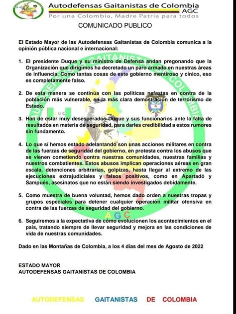 Clan Del Golfo Anuncia La Interrupción Del Plan Pistola Contra Policías