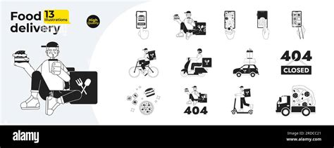 Food Delivery Monochrome Concept Vector Spot Illustrations Bundle Stock