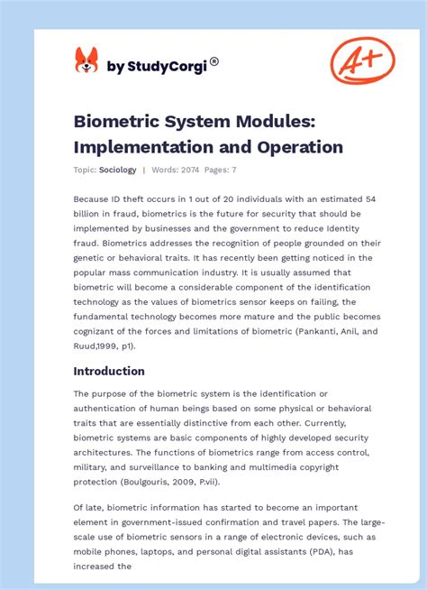 Biometric System Modules Implementation And Operation Free Essay Example