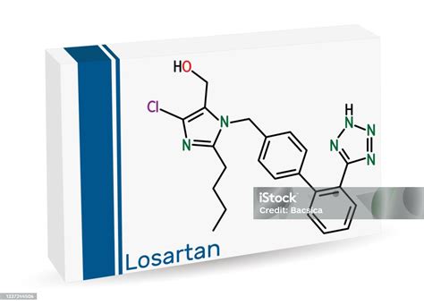 로사르탄 분자 그것은 약물 고혈압을 치료 하는 데 사용 당뇨병 신부 질환 심장 마비 골격 화학 포뮬러 의약품용 용지 포장 0명에 대한 스톡 벡터 아트 및 기타 이미지