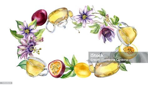 유리 찻주전자와 컵 열정의 꽃 줄기 수채화 그림이 흰색으로 분리되어 있다 허브티 건강음료 마라쿠자 꽃 손으로 그렸다 포장 메뉴 포장 화환 디자인 노랑에 대한 스톡 벡터 아트