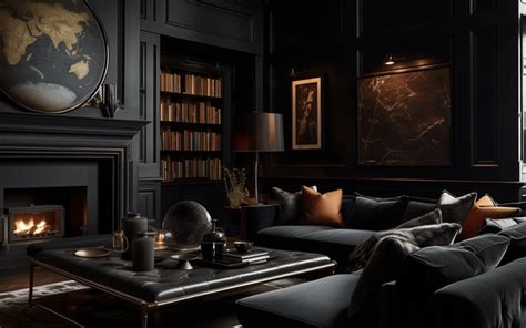 다운로드 검은 세련된 내부 거실 고딕 양식 거실의 검은 벽 검은 벽난로 검은 가구 고딕 양식의 거실 현대 인테리어