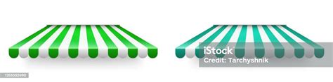 흰색 배경에 고립 된 녹색 상점 선쉐이드 사실적인 줄무늬 카페 차양 야외 시장 텐트 지붕 캐노피 여름 거리 상점 벡터