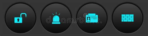 Set Open Padlock Motion Sensor Identification Badge And Firewall Security Wall Icon Vector