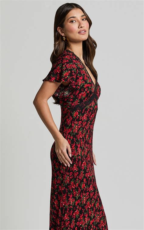 Vanya Midi Dress V Neck Short Sleeve Lace Trim Tie Back Slip Dress In