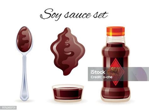 간장 아시안 소스 간장 병 그릇 숟가락 튀김 로고 라벨 패키지가 있는 식품 아이콘 세트 조롱 유리 일본 간장 병 용 초밥 3d 현실적인 벡터 일러스트 레이션 고립 된 흰색