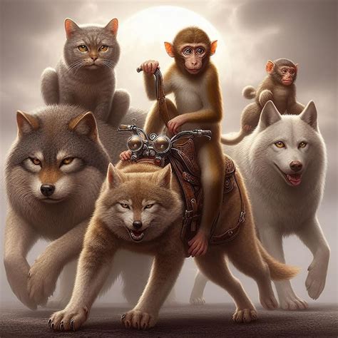 Um Macaco Cavalga Um Lobo Com Estilo Foto Premium