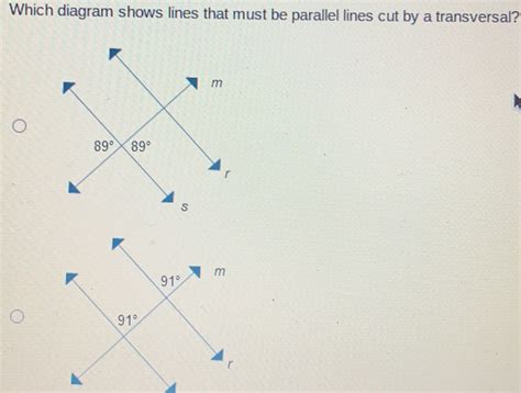 Solved Which Diagram Shows Lines That Must Be Parallel Lines Cut By A Transversal Geometry