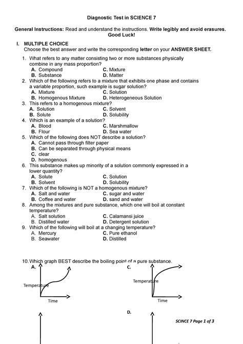 Diagnostic Test Pre Test Diagnostic Test In Science 7 General