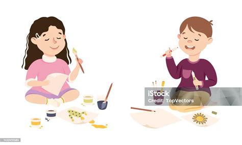 귀여운 소녀와 소년은 종이에 바닥 그림에 앉아 있습니다 만화 벡터 일러스트 레이 션을 그리는 것을 즐기는 창조적 인 아이들