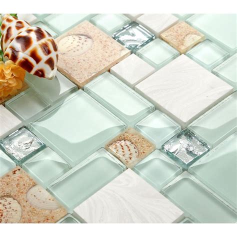 Glass And Stone Mix Mosaic Tile Green Sandy Conch Shell Tiles Wall