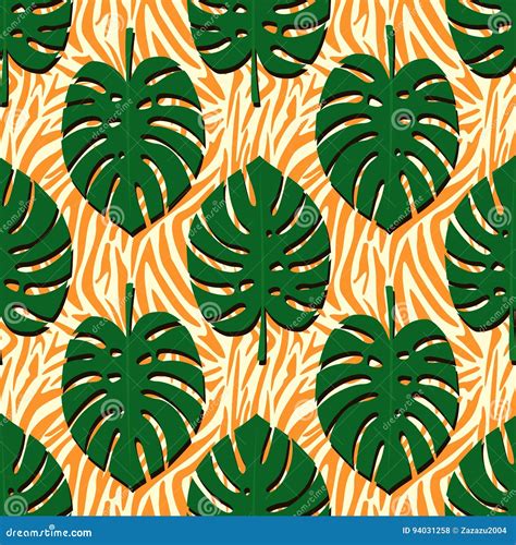 Tropical Monstera Leaves Seamless Pattern On Orange Zebra Background
