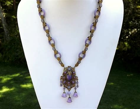Rare Vintage Max Neiger Ornate Czech Glass And Enamel Necklace~purple