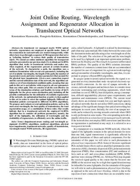 Pdf Joint Online Routing Wavelength Assignment And Regenerator Allocation In Translucent