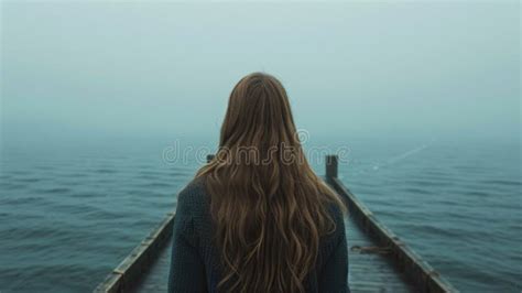 Back View Of A Woman With Long Hair Standing On A Pier And Looking Out