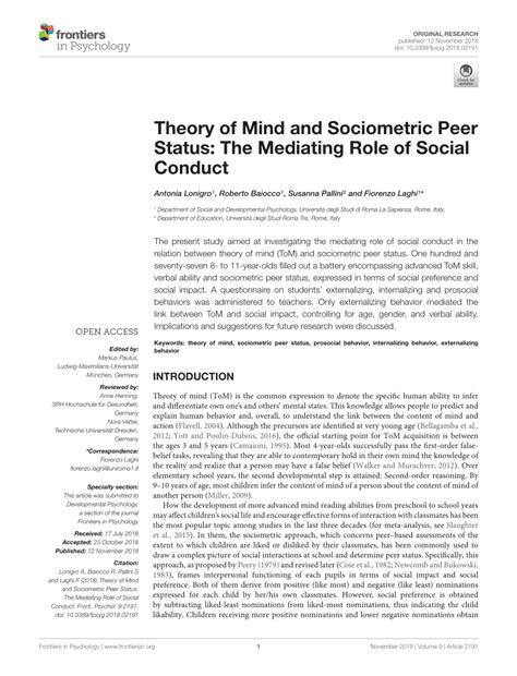 Pdf Theory Of Mind And Sociometric Peer Status The Mediating Role Of Social Conduct