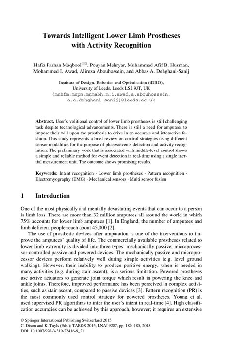 Pdf Towards Intelligent Lower Limb Prostheses With Activity Recognition