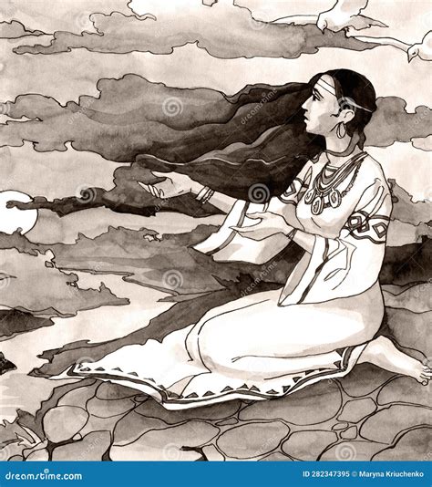 Pencil Drawing Girl Crying On A Hillside Stock Illustration