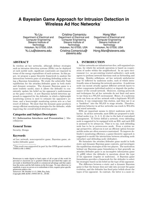 pdf a bayesian game approach for intrusion detection in wireless ad