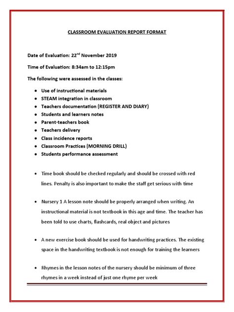 Classroom Evaluation Report Format Pdf Teachers Classroom