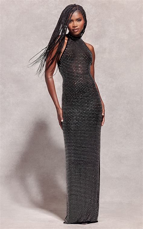 Black Embellished Backless High Neck Maxi Dress Dresses