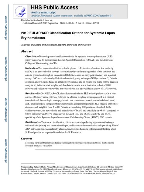 2019 Eular Sle Criteria Pdf Statistics Sensitivity And Specificity