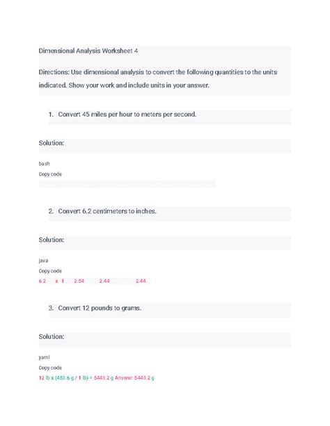 Dimensional Analysis Worksheet Show Your Work And Include Units In