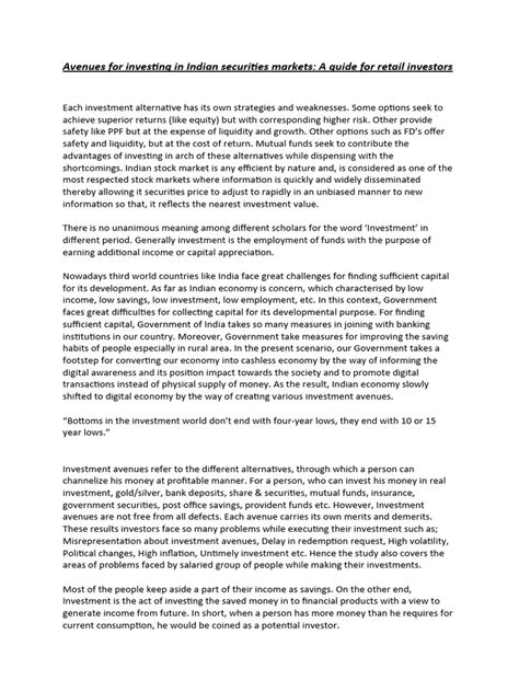 Avenues For Investing In Indian Securities Markets A Guide For Retail