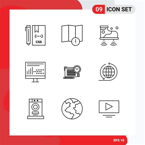 Universal Icon Symbols Group Of 9 Modern Outlines Of Time Programing Shoes Development Coding