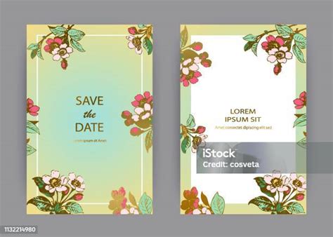 식물 결혼식 초대장 템플릿 디자인 손으로 그린 사쿠라 꽃과 나뭇가지에 잎 빈티지 시골 벚꽃 녹색 골드 배경 복고 스타일 파스텔