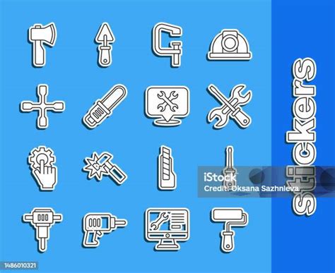 라인 페인트 롤러 브러시 드라이버 및 렌치 클램프 나사 도구 전기 톱 바퀴 나무 도끼 및 위치를 설정합니다 벡터 갈고리 발톱에 대한 스톡 벡터 아트 및 기타 이미지 Istock