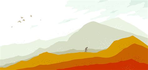 아름다운 경치 자연 풍경과 초원 초원 언덕과 산 가을 시골 개념에 하이킹 여행 가을 여행자 순례자 벡터 일러스트 가을 시즌 가을에 대한 스톡 벡터 아트 및 기타 이미지